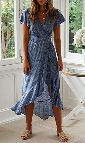 ZESICA Women's 2023 Bohemian Floral Printed Wrap V Neck Short Sleeve Split Beach Party Maxi Dress,Light BlueFloral,Small