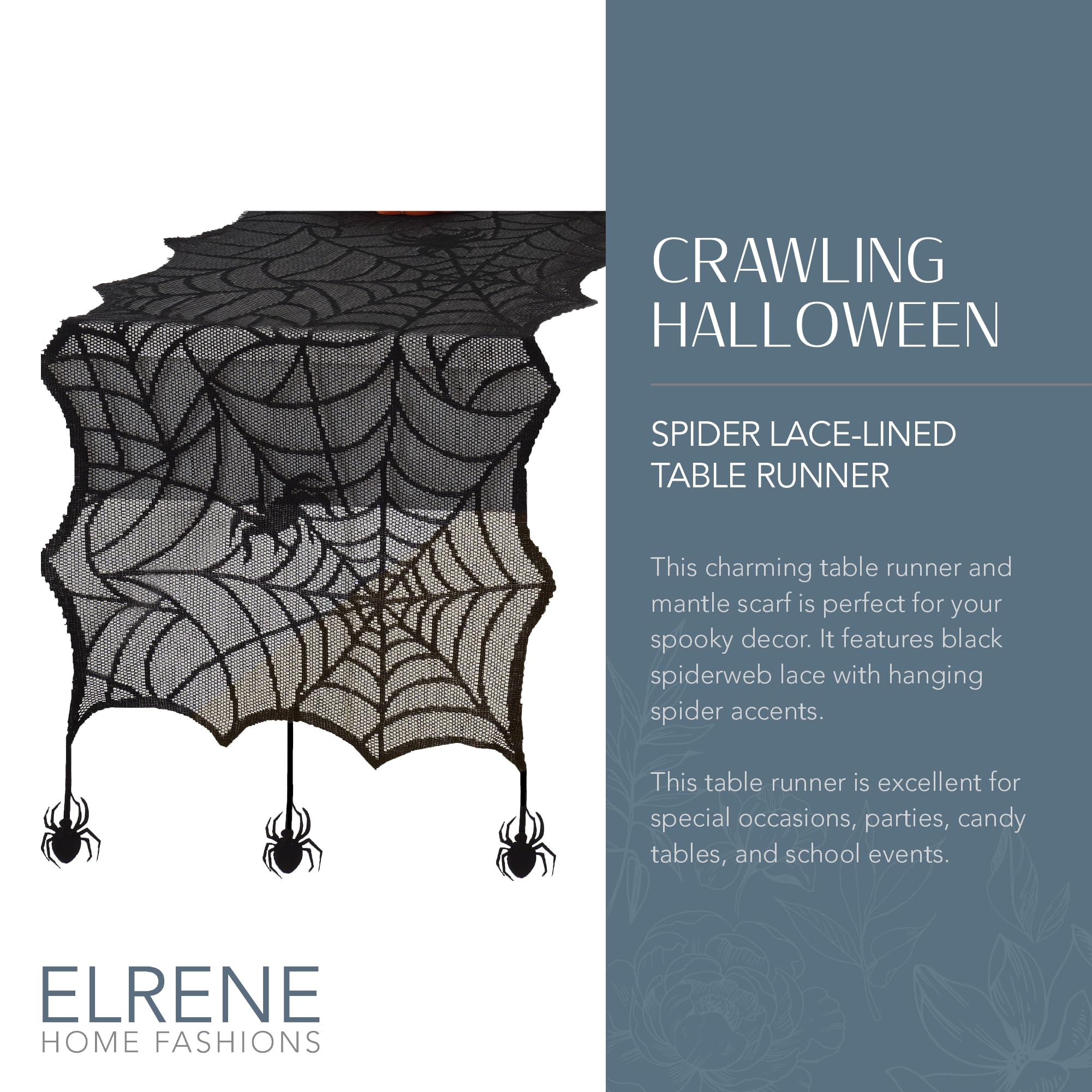 Elrene Home Fashions Crawling Spider Halloween Lace Table Runner and Mantle Scarf, Seasonal Halloween Table Runner, 13" x 70", Black