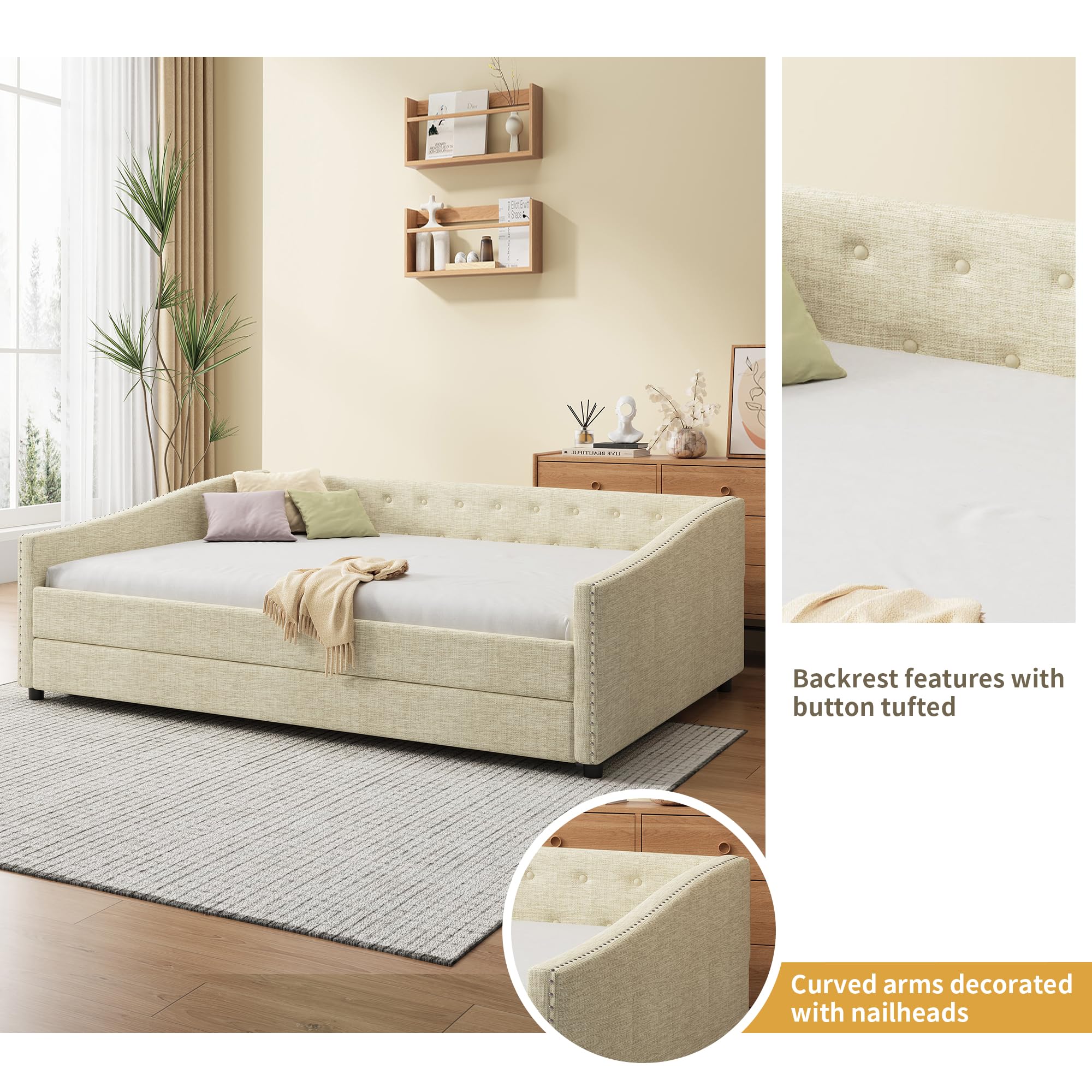 Jintop Full Size Velvet Upholstered Tufted Daybed with 2 Drawers,Modern Wood Bed Frame w/Armrests,Slat Support,No Box Spring Needed,Daybeds for Apartment,Bedroom,Guest Room,Beige