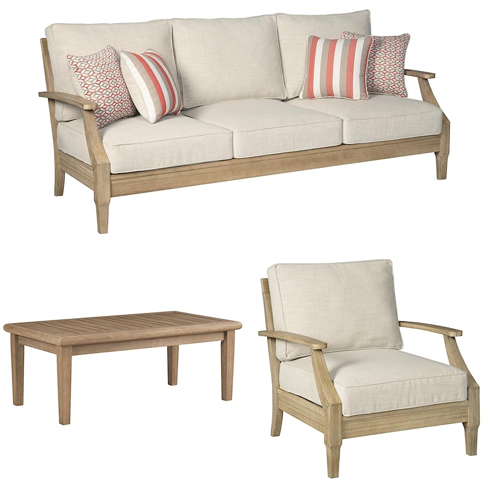 Signature Design by Ashley Clare View Coastal Outdoor Patio Eucalyptus Sofa & Gerianne Rectangular Eucalyptus Wood Slat Top Coffee Table & Clare View Eucalyptus Wood Single Cushioned Lounge Chair