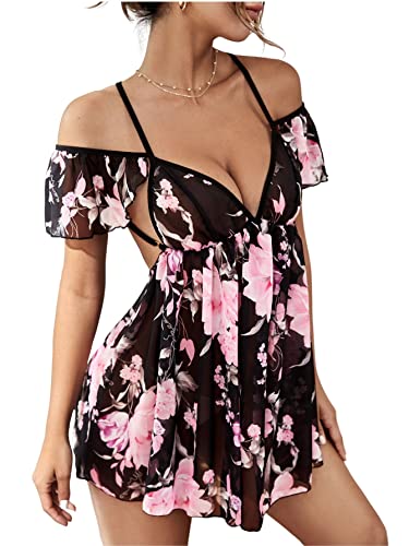 Verdusa Women's Casual Sleepwears Floral Print Cold Shoulder Crisscross Backless Spaghetti Strap Chiffon Nightdress Multicolor M