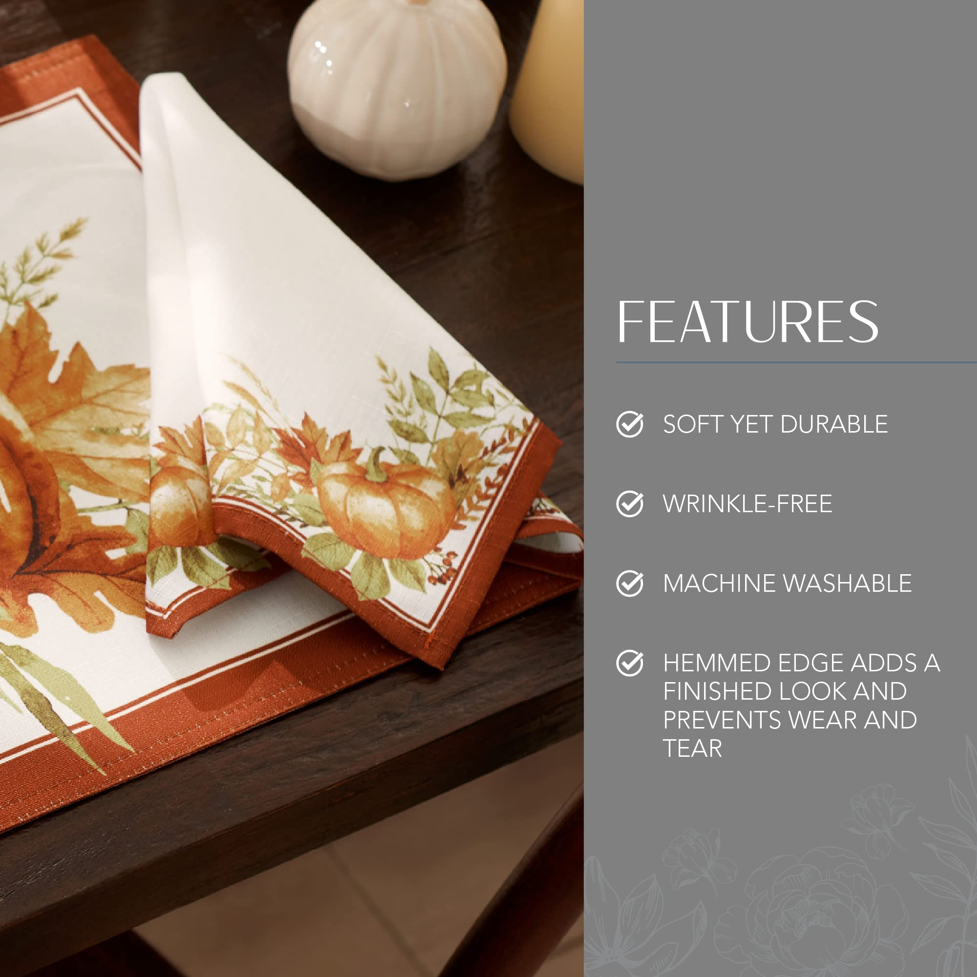 Elrene Home Fashions Autumn Pumpkin Grove Fall Napkins, Seasonal Fall Cloth Napkins, 17" x 17", Set of 4