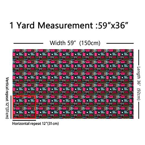 Music Fabric by The Yard, Musical Interests Discs Quilt Fabric for Chairs Sofa, Musical Notes Rock Music Decorative Fabric, DIY Decorative Fabric for Upholstery and Home Accents, 1 Yard, Black