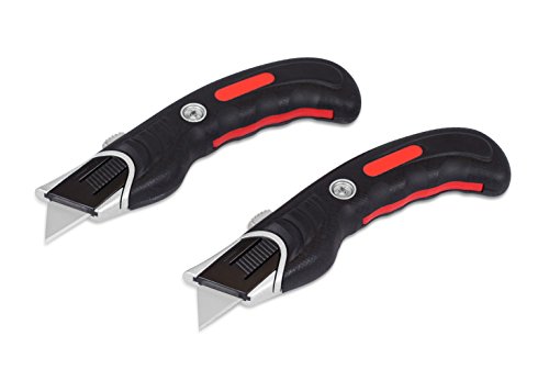 Internet's Best Ergonomic Utility Knife - Set of 2 - Retractable Razor Knife Set - Box Cutter Locking Razor Knife - Storage Pouch Extra Blade Refills - Quick Blade Change - Black