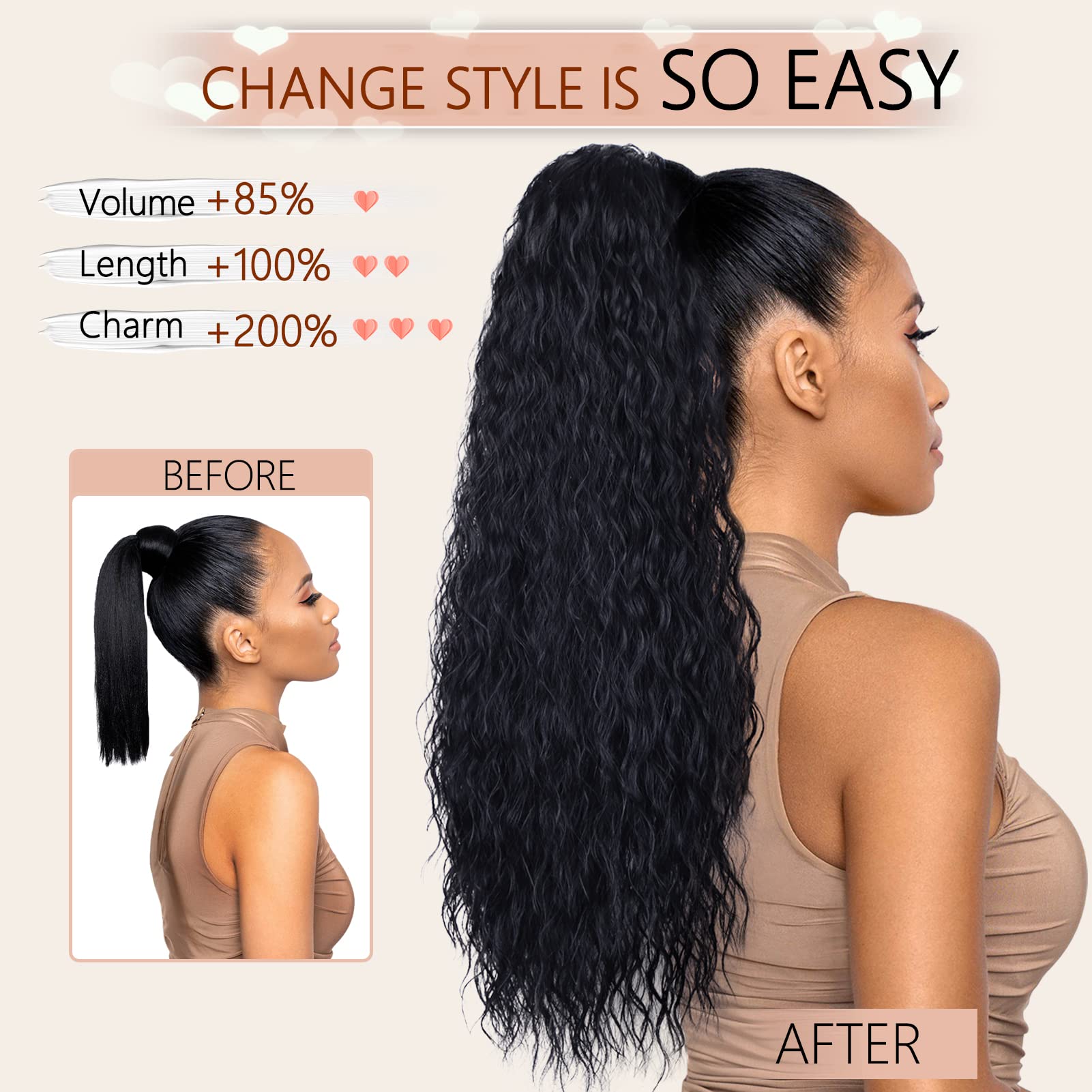 LNERATO Long Curly Drawstring Ponytail for Women 26" Black Curly Ponytail Hair Extension Synthetic Clips in Drawstring Ponytail for Daily Use (Natural Black)
