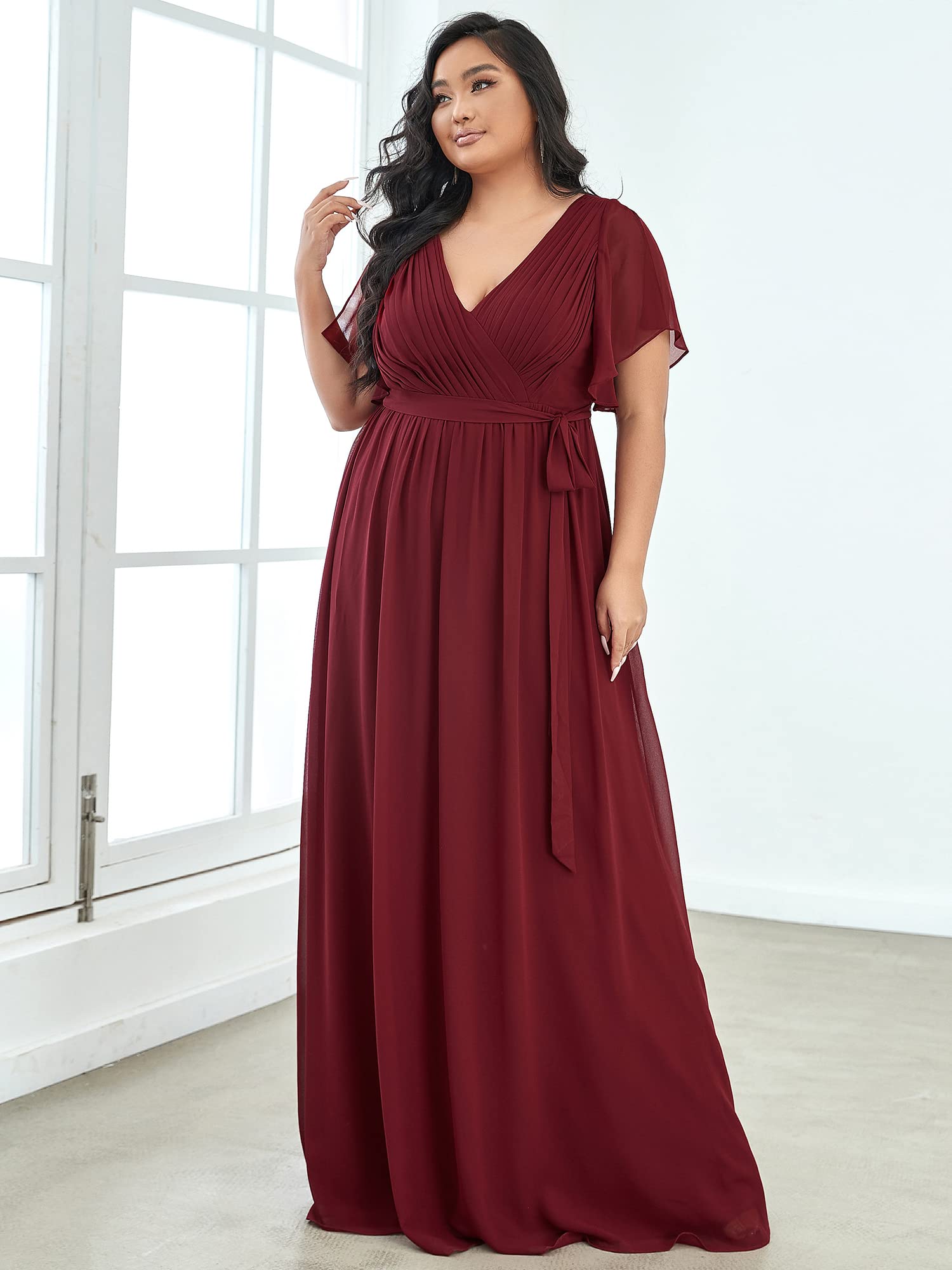 Ever-Pretty Plus Women's V-Neck A-Line Ruched Bust Ruffle Sleeves Plus Size Maxi Formal Evening Gown Burgundy US20