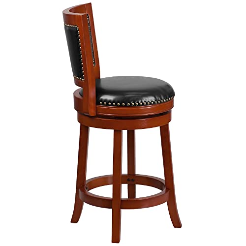 Flash Furniture Ebert 26'' High Light Cherry Wood Counter Height Stool with Open Panel Back and Black LeatherSoft Swivel Seat