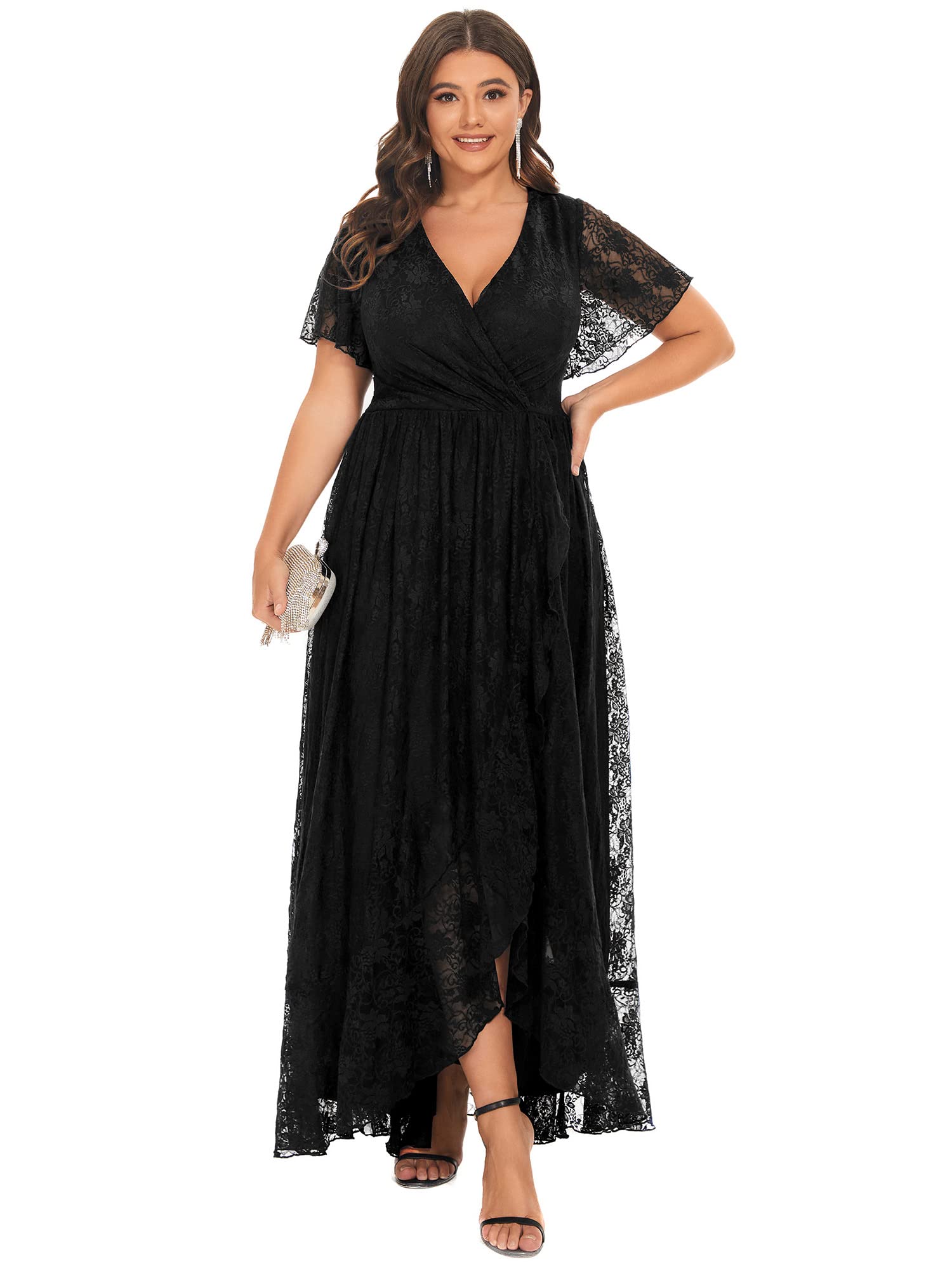Ever-Pretty Plus Women's V Neck Ruffles Sleeves Pleated Lace Summer Plus Size Semi Formal Dress for Curvy Women Black US20
