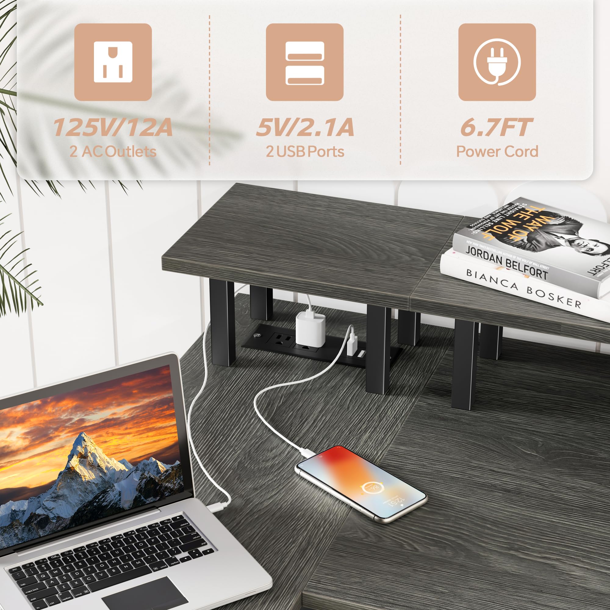 Mr IRONSTONE L Shaped Desk with Power Outlets & LED Lights, Computer Desk with Long Monitor Stand, 47 Inch Office Desk, Corner Desk for Small Space, Home Office Desk, Black Oak