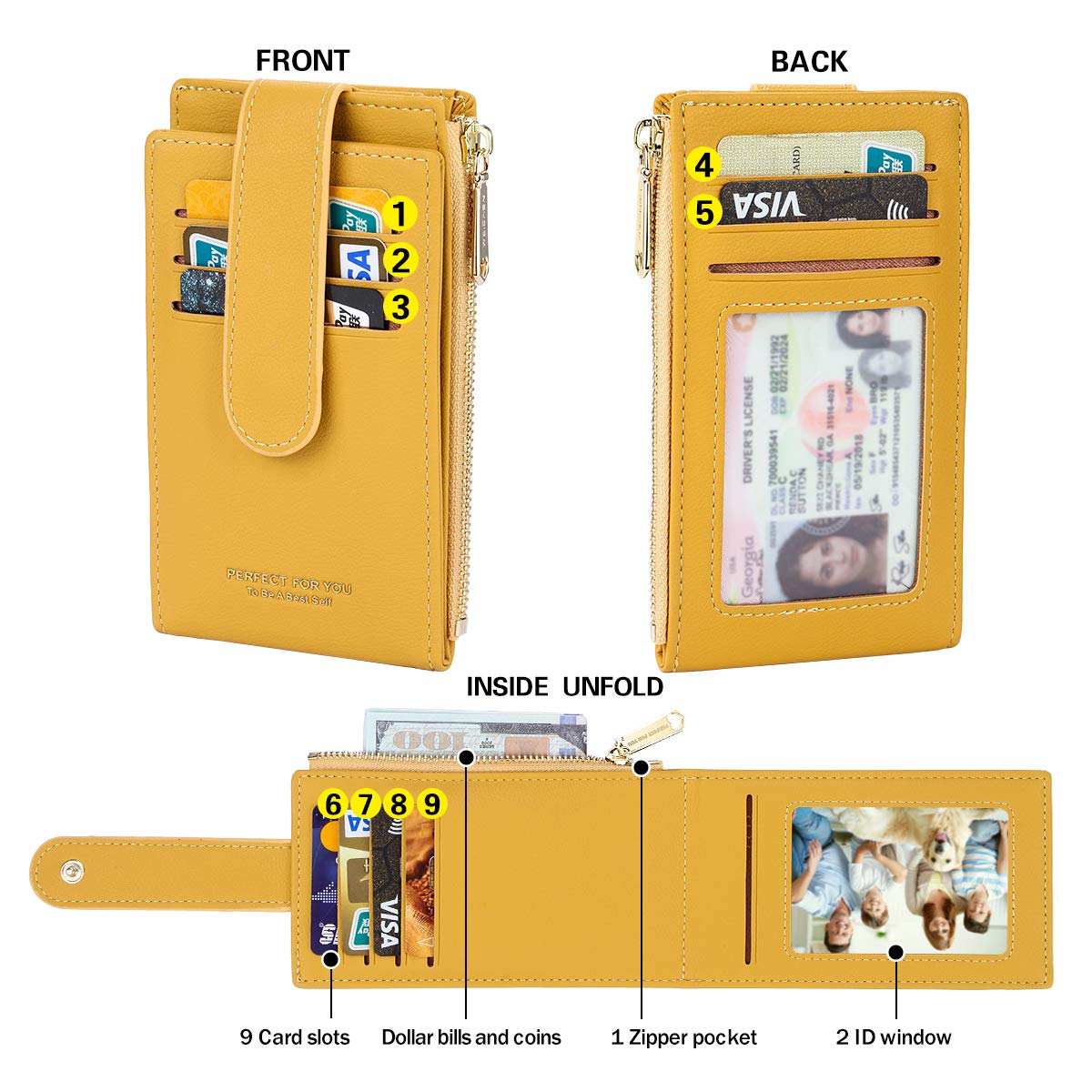 CYANB RFID Card Holder Wallet for Women Slim Bifold Zipper Card Cases Money Organizers Yellow