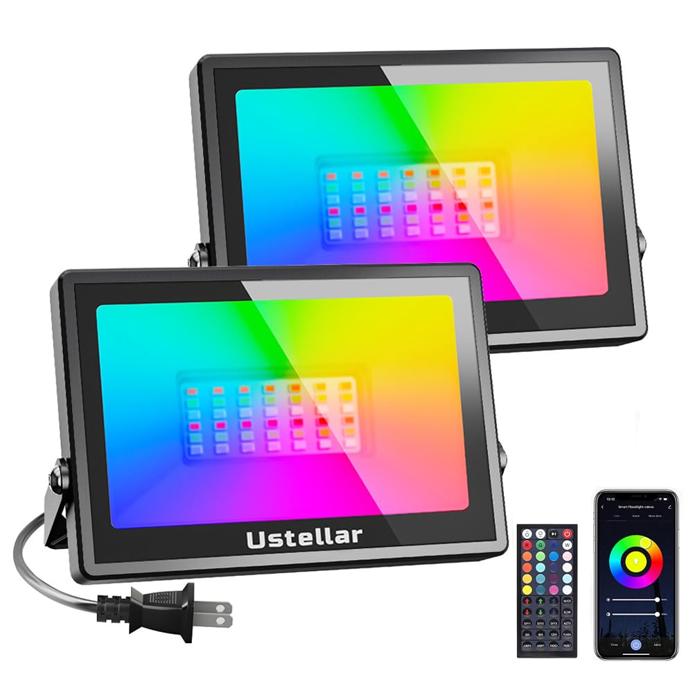 USTELLAR Smart WiFi LED Flood Lights Outdoor, RGB Color Changing Stage Landscape Lighting with APP Group Control, Timing, Alexa, Outdoor Uplights IP66 Spotlights for Christmas Halloween Party, 2 Pack