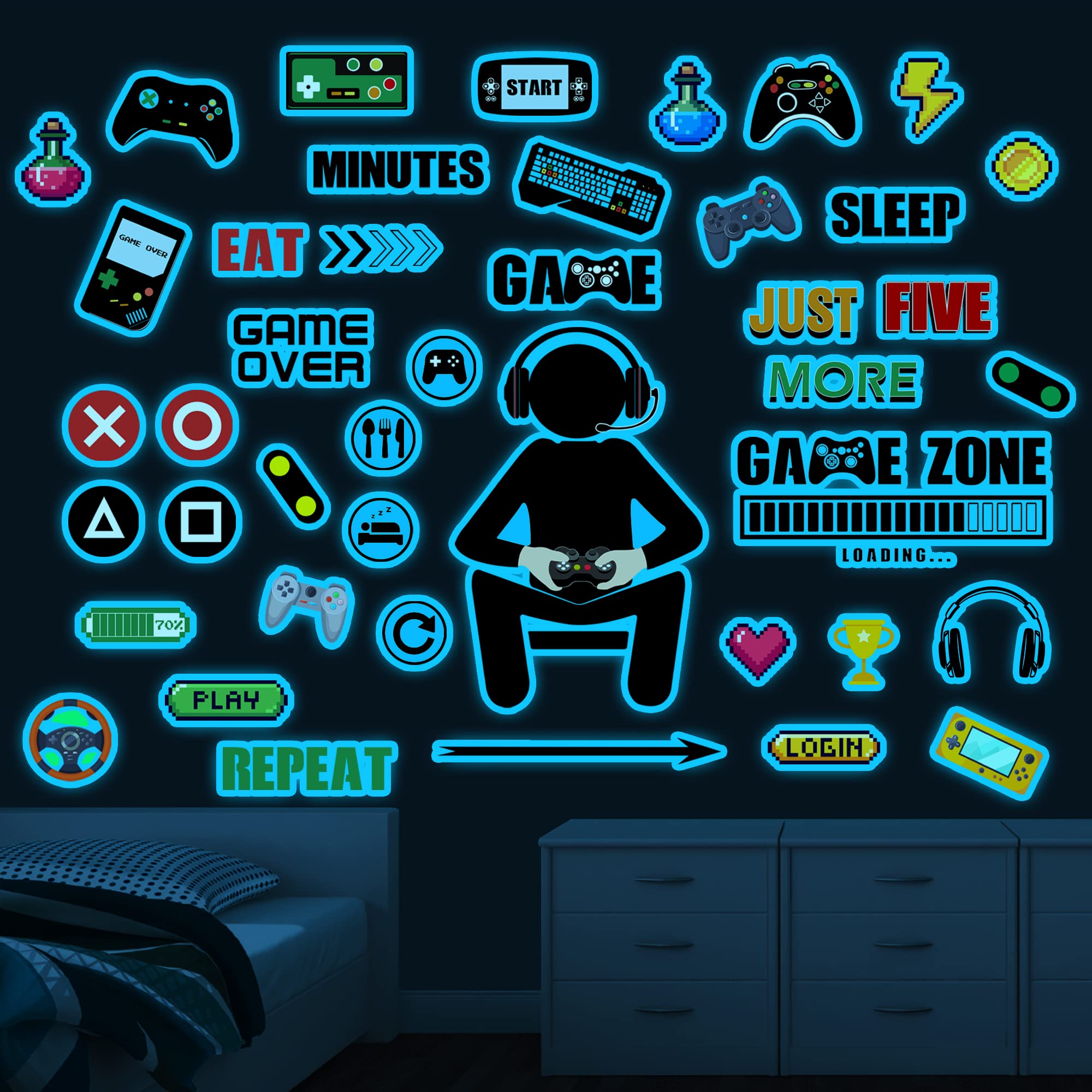 Gamer Wall Decals Stickers Glow in The Dark Wall Decals Game Wall Stickers Gaming Controller Wall Decals Game Room Decor Video Game Decal for Boys Kids Girls Bedoom Playroom Wall Decor⦠(Sky Blue)
