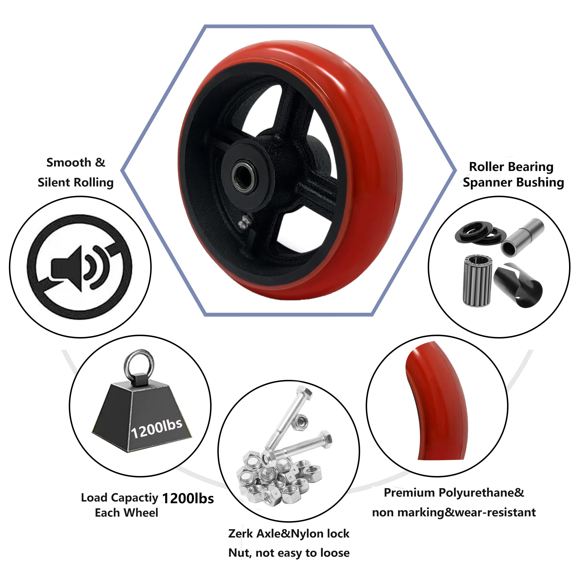 HANDSAMMU 6 inch Heavy Duty Caster Wheel-Industrial Caster Wheels, Polyurethane Tread Cast lron Wheels(Crown)- Set of 4 with up to 4800LB Capacity