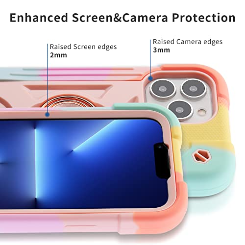 MARKILL Compatible with iPhone 13 Pro Max Case 6.7 Inch with Ring Stand, Heavy-Duty Military Grade Shockproof Phone Cover with Magnetic Car Mount for iPhone 13 Pro Max. (Rainbow Pink)