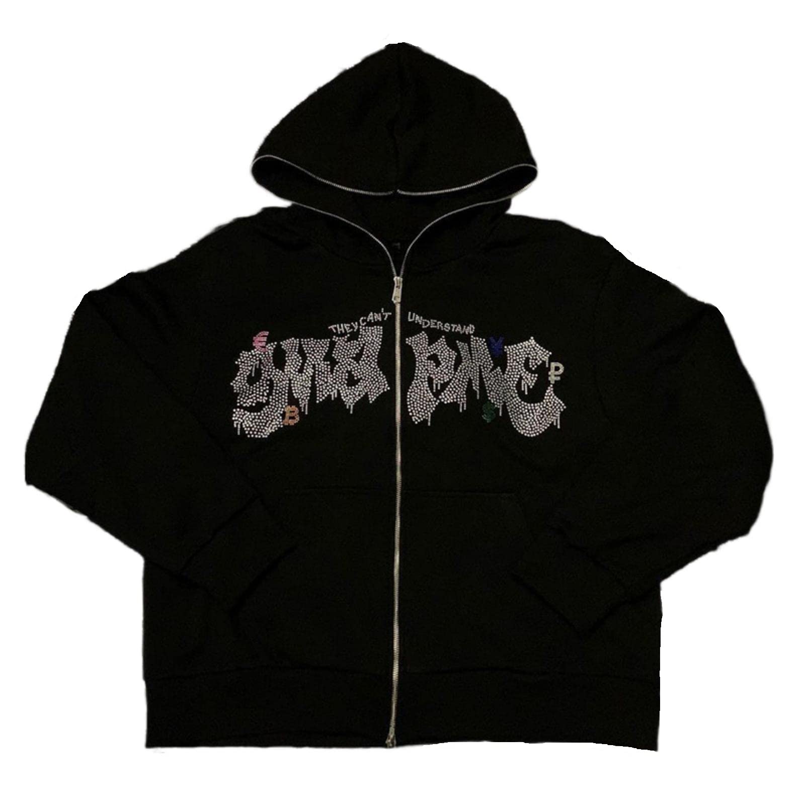 Faretumiya Women Men Rhinestone Hoodie Y2k Graphic Zip Up Unisex Sweatshirt Sparekly Oversized Pullover Jacket Streetwear(black two,Medium)