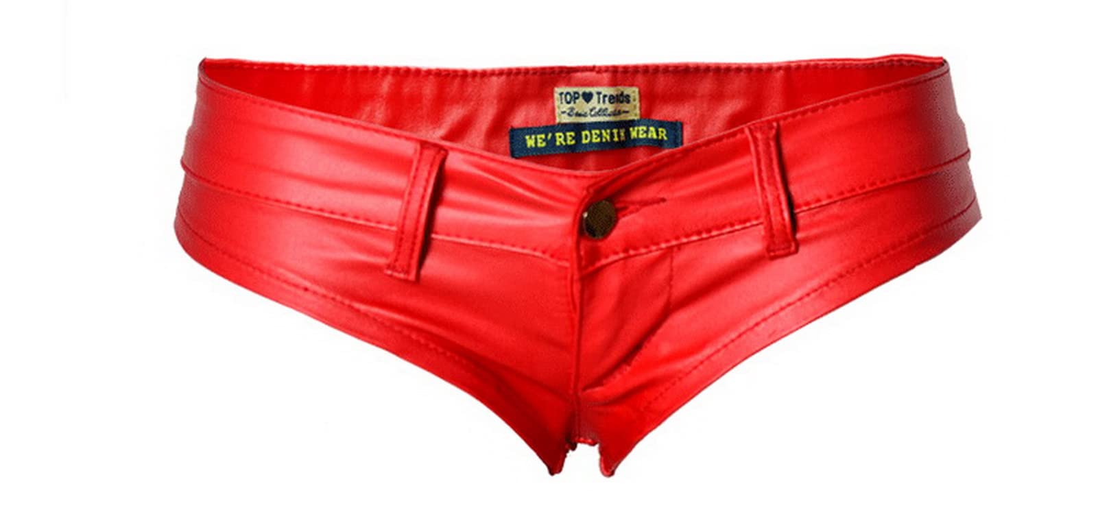 Faringoto Red Girls Low Rise Stretch PU Coated Faux Leather Button Zip Hot Pants