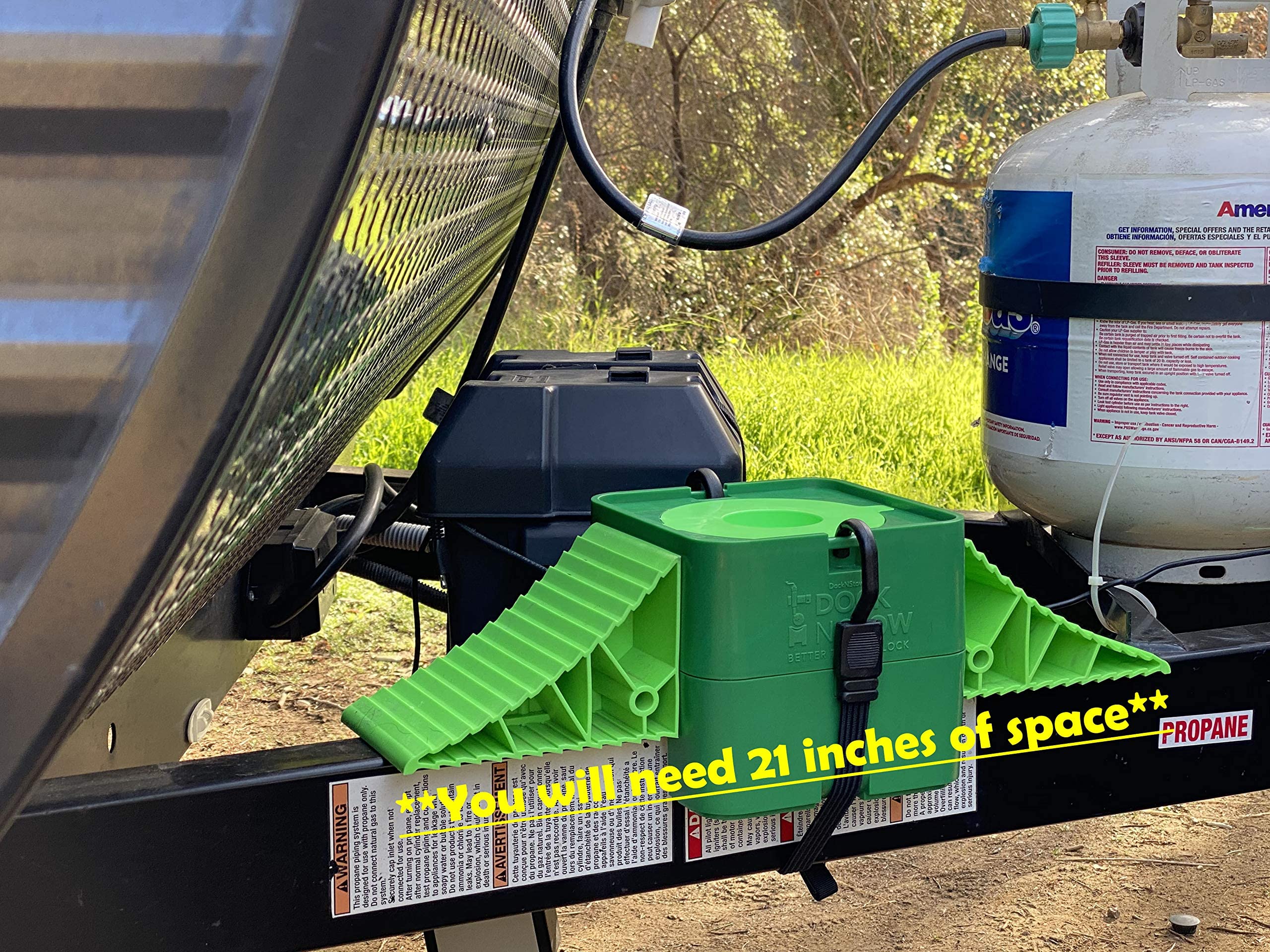 Dock N Stow Trailer Jack Stand, Stabilizer Leveling Block Store on Tongue Frame, Fits Most Jacks, Set Includes Wheel Chocks & Lock, RV Camper, Boat, Pop Up Travel Accessories, Secure w/Bungee, GEN 1B
