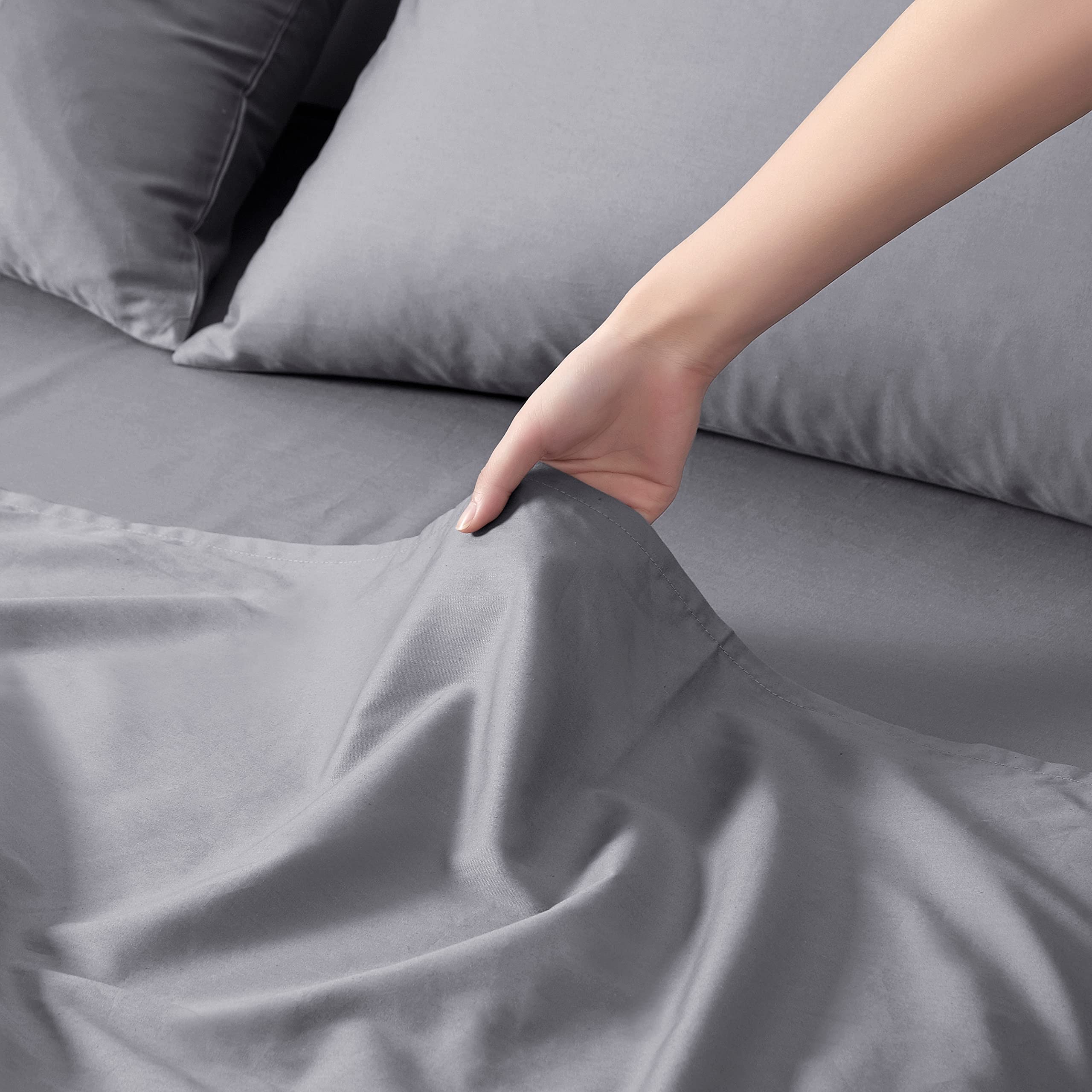 Entisn 4pcs 600 Thread Count 100% Cotton Sheets for Queen Size Bed, Grey Bedding Sheets & Pillowcases, Hotel Luxury Bed Sheet with Elasticized 16" Deep Pocket, Ultra-Soft & Silky Sateen Weave