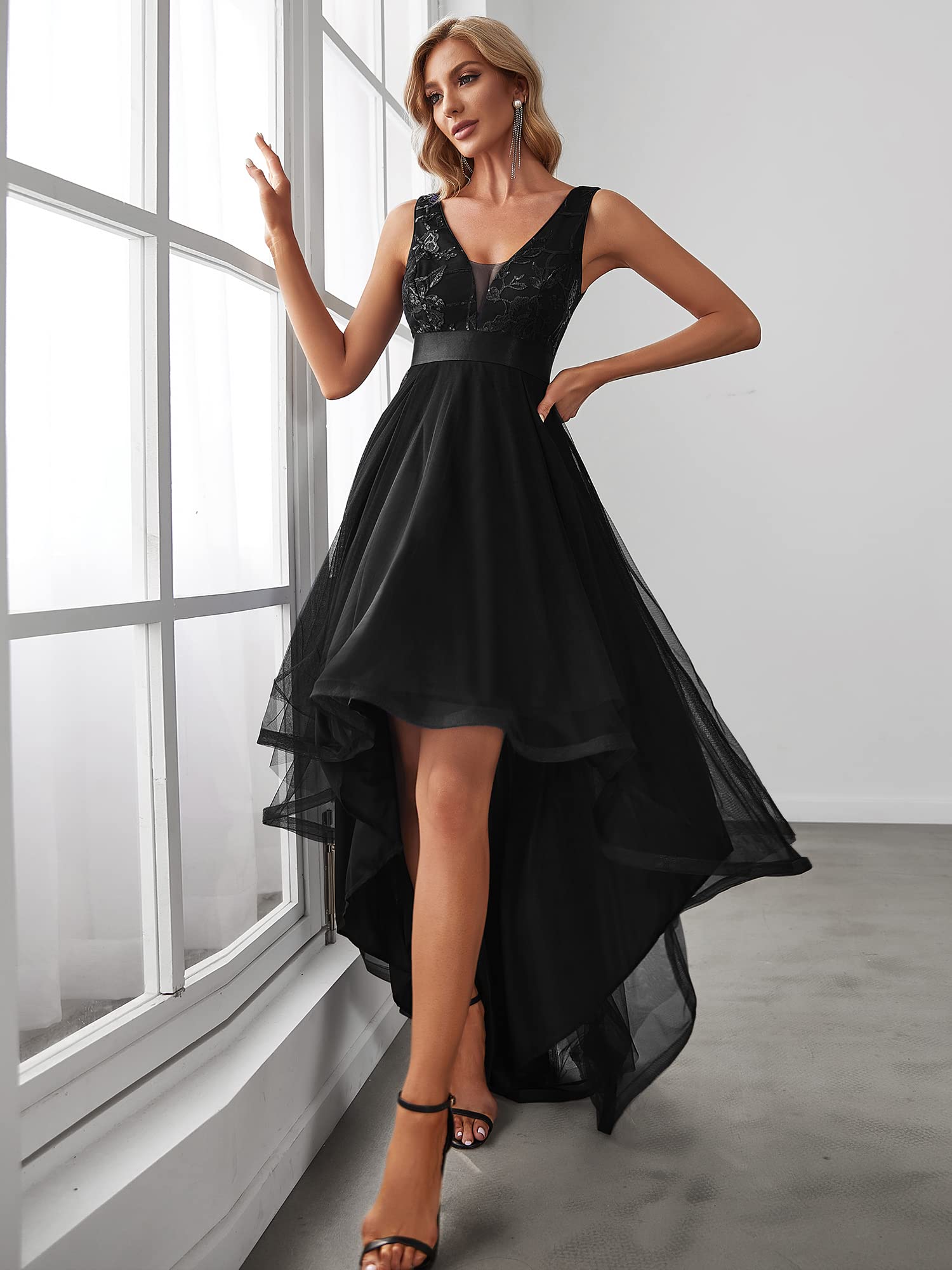 Ever-Pretty Women's Crew Neck Pleated Waist Short Sleeve Wedding Guest Dress Chiffon Bridesmaid Dresses Black US10