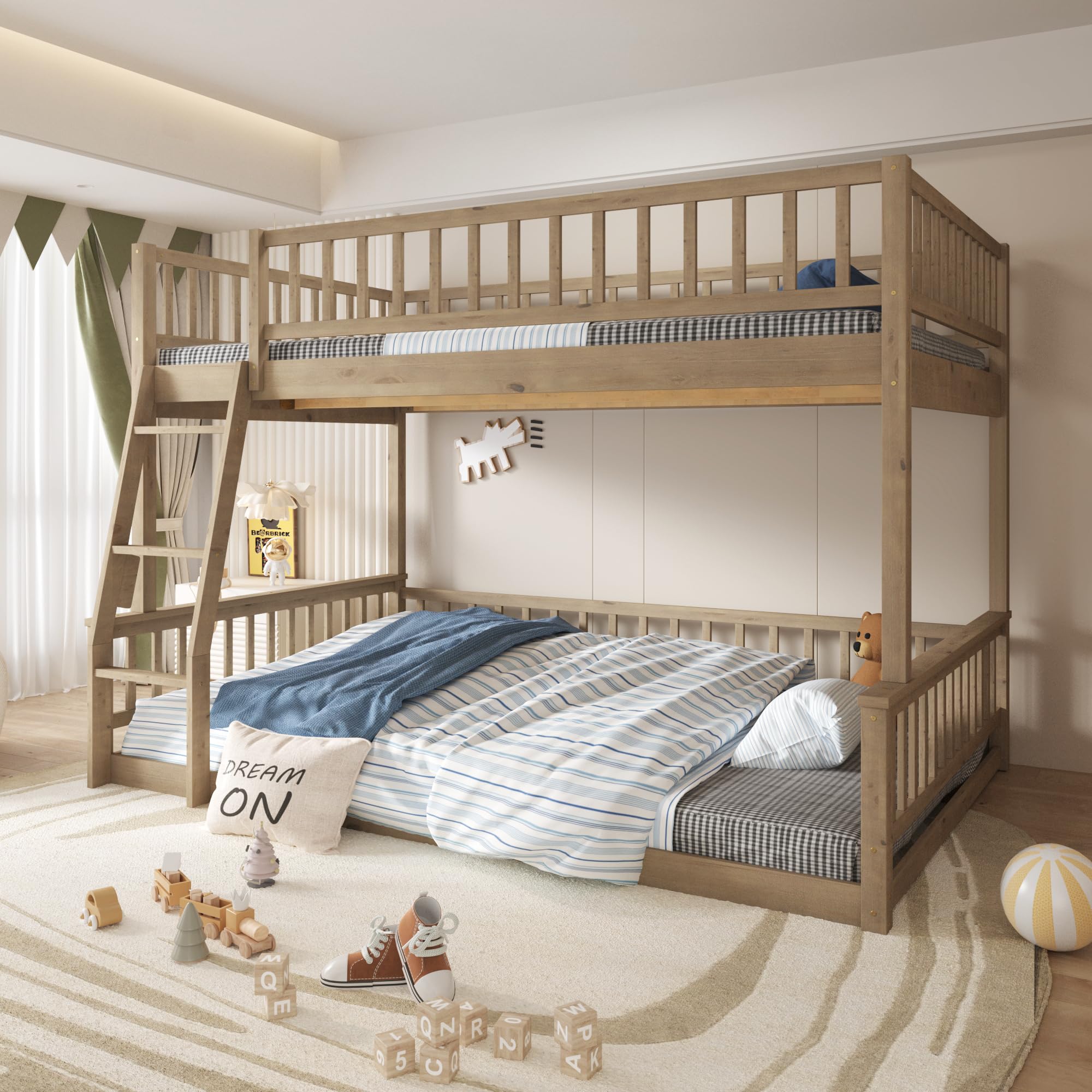 LZ LEISURE ZONE Full XL Over Queen Bunk Bed, Detachable Design Bunk Beds, Modern Wood Bunk Bed Frame with Ladder and Guardrails, No Box Spring Needed, Walnut