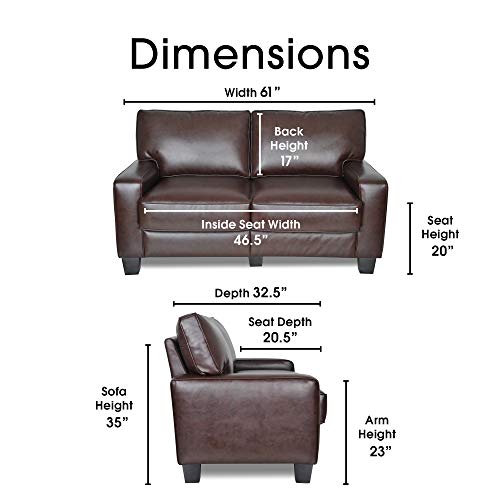 Serta Palisades 61" Track Arm Sofa, Durable Bonded Leather, Soft Pillow Back, Pocket Coil Seat Cushions, Loveseat or Couch for Small Spaces, Living Rooms or Bedrooms, Chestnut Brown