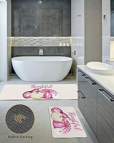 Thanksgiving Fall Bath Mat for Tub,Non Slip Bathroom Floor Runner Rug Quick Dry & Absorbent Diatomaceous Earth Shower Sink Kitchen Washable Doormat,Thanksful Harvest Pumpkin Pink White 20x24+20x48