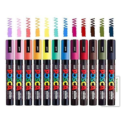 Posca Paint Marker PASTEL & DARK Color Set, Mitsubishi Uni Poster Color Marking Pen Medium Point (PC-5M) 12 Color + Loconeko Original Manual Set