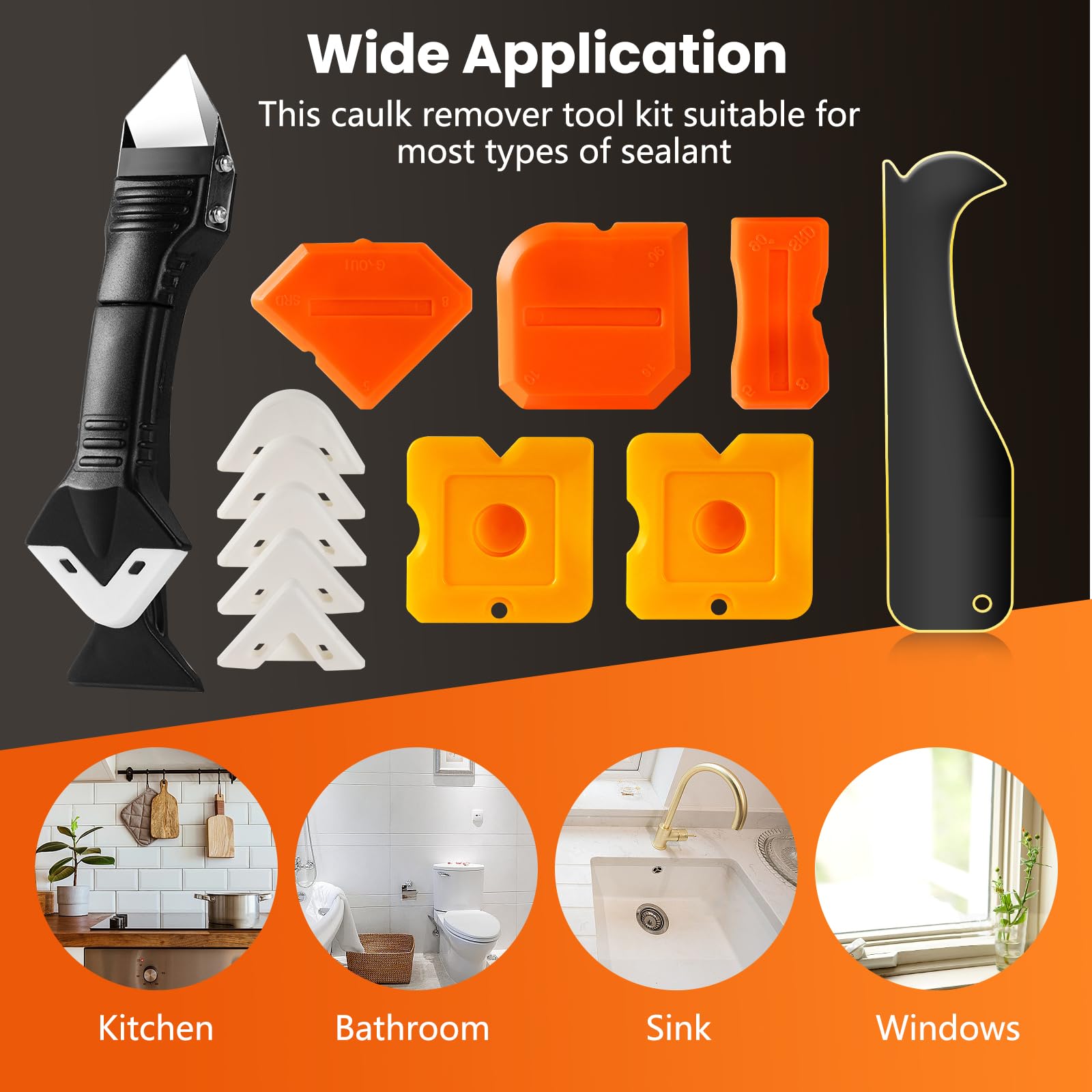 HANJKINZ 3 in 1 Silicone Caulking Tools(Stainless Steelhead), 12pack, Caulk Remover Tool Kit with Replace Silicone Padsgood Pads and Caulk Finishing Tools, Caulking Tool Kit for Kitchen, Bathroom