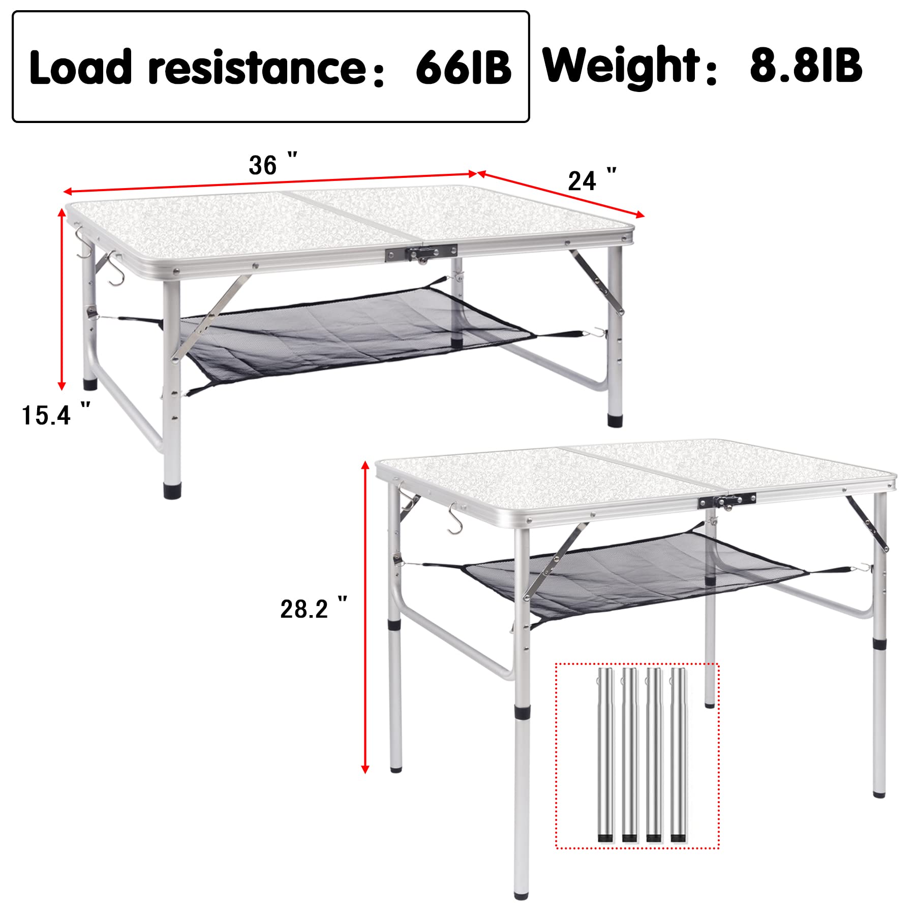 HONGBEI 3 Foot Folding Camping Table for Adults, Lightweight Foldable Table Adjustable Height with Aluminum Legs for Camping Trips, White
