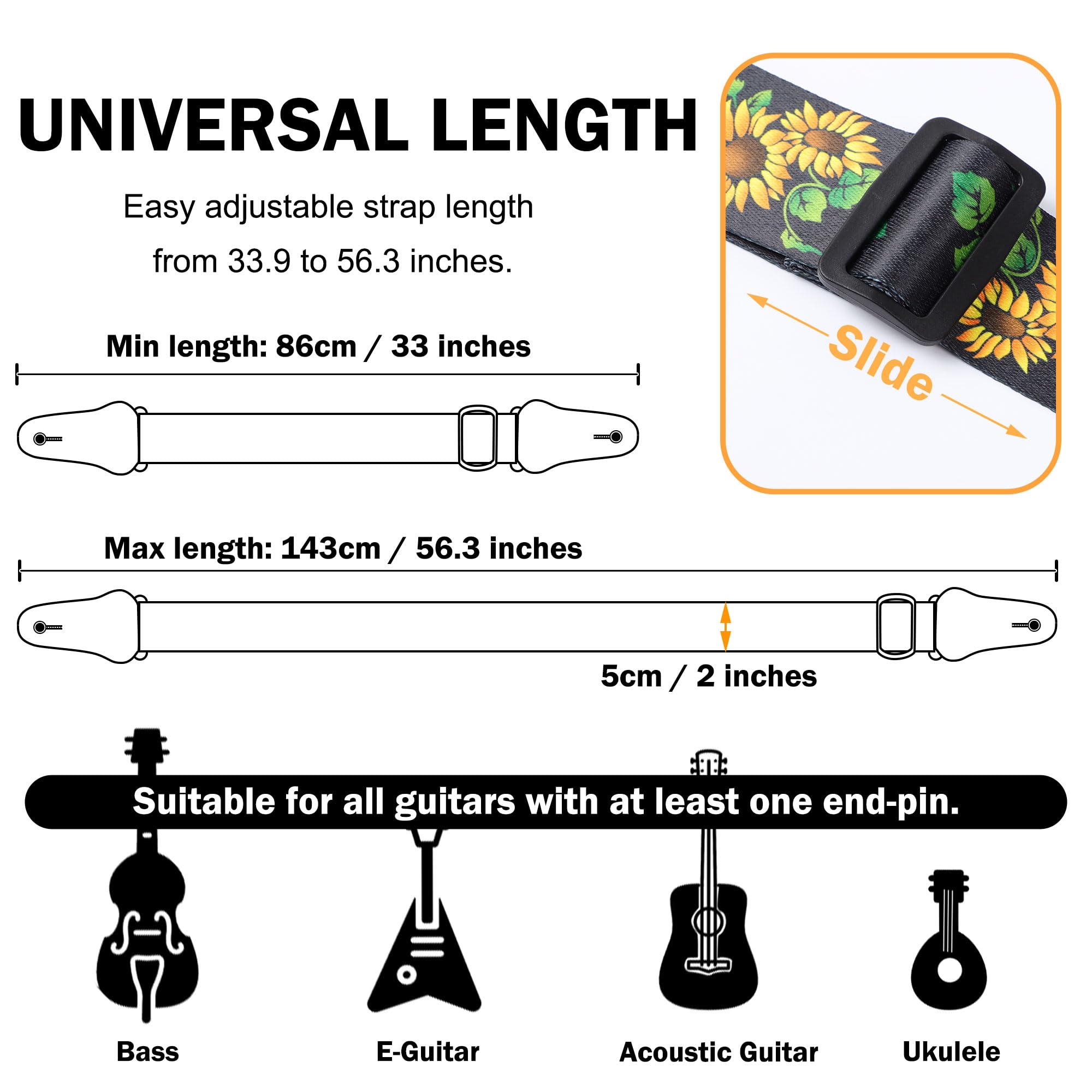 uxcell Guitar Strap, Classical Vintage Sunflower Print Guitar Shoulder Straps with Leather End, Adjustable Strap with free Lace Tie for Bass, Electric & Acoustic Guitars