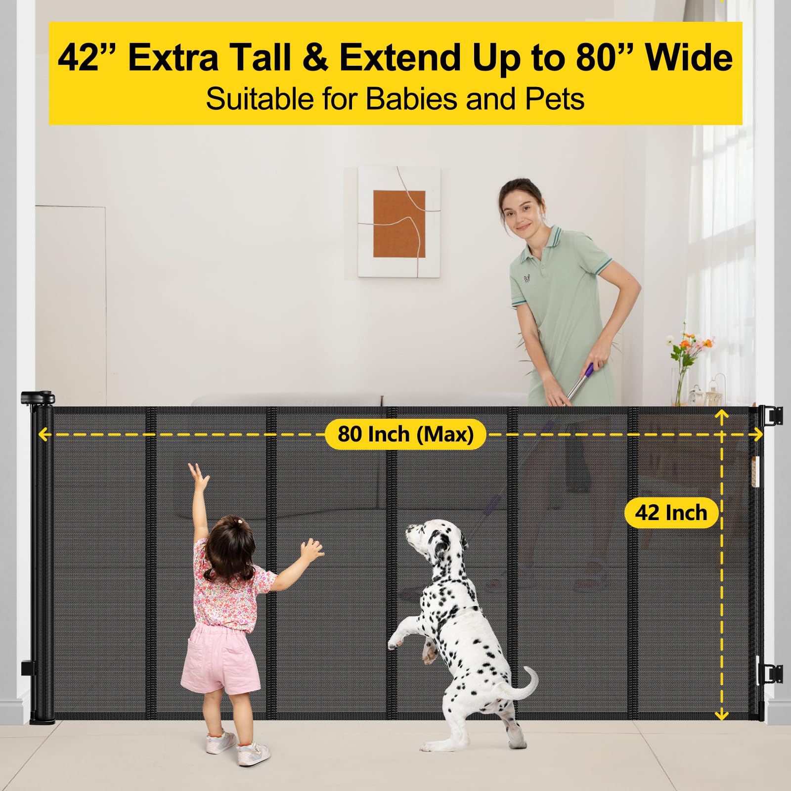 Enhanced 42” Extra Tall & 80” Wide Retractable Baby Gates with Rods to Prevent Crawling Through, Extra Tall Pet Gate for Large Openings Indoor Long Mesh Dog Gate for Stairs and Doorways, Black