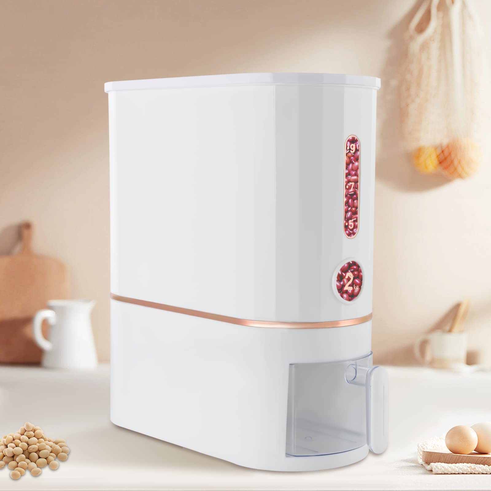 GDAE10 Rice Dispenser, 22 Lbs Rice Storage Container Holder BPA-Free, Large Container Food Dispenser with Lid and Measuring Cup, Kitchen Storage Organizer for Dry Food Flour (White)