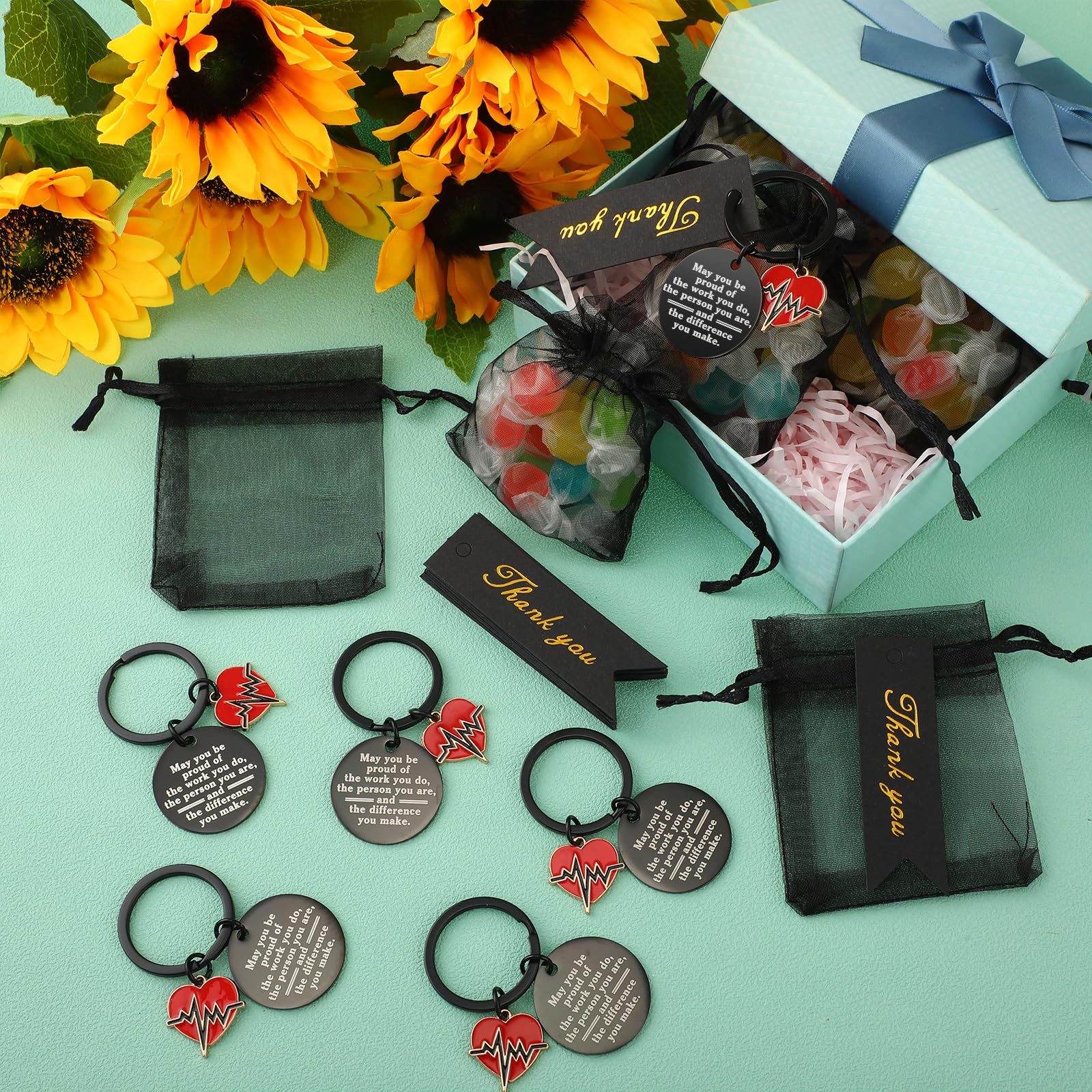 Sureio 72 Pcs Nurse Gift Include 24 Nurse Keychain with 24 Tassel Organza Bag and 24 Tag Thank You Gifts for Party(Black,Classic Style)