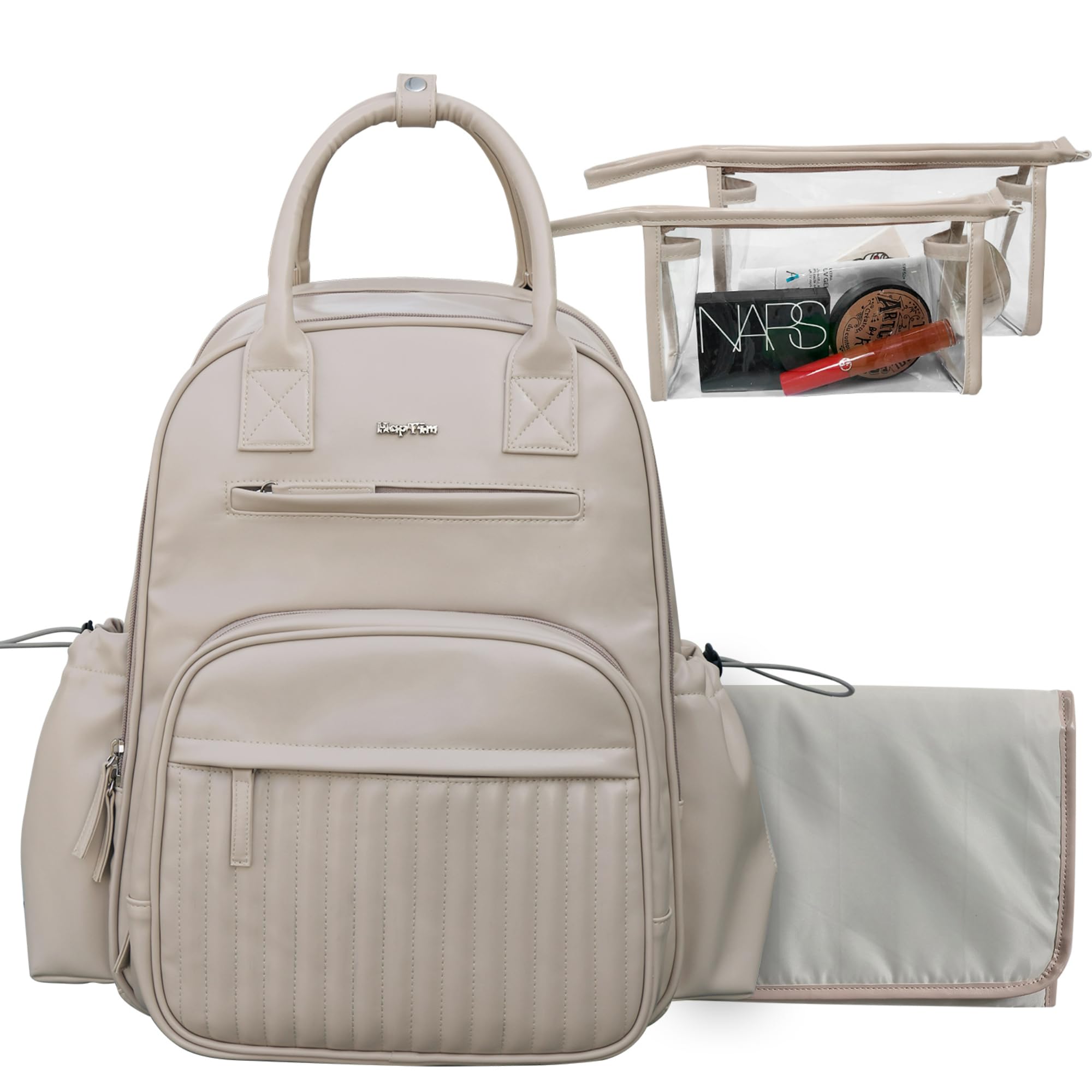 Hap Tim Diaper Bag Backpack, Leather Baby Diaper Bag with Changing Pad,19 Pockets, 2 Clear Makeup Bags, 2 Stroller Clips, Baby Registry Search, Cream White(K2252-CM)