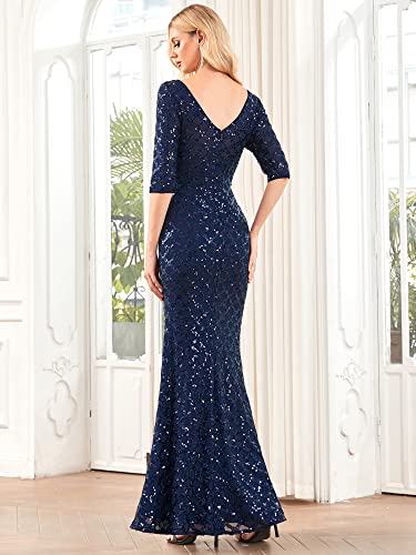 Ever-Pretty Women's Crewneck Half Sleeve Sequin Mermaid Maxi Glitter Evening Dresses Navy Blue US4