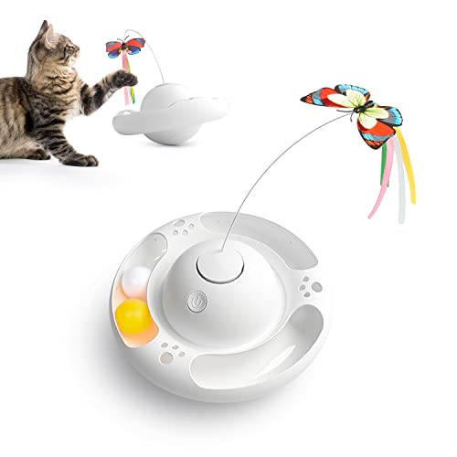 Potaroma Cat Toys Tumbler Smart Interactive Electronic Kitten Toy, Fluttering Butterfly, Bell Track Balls, Indoor Exercise Cat Kicker, 3 AA Batteries Required (Bright White)