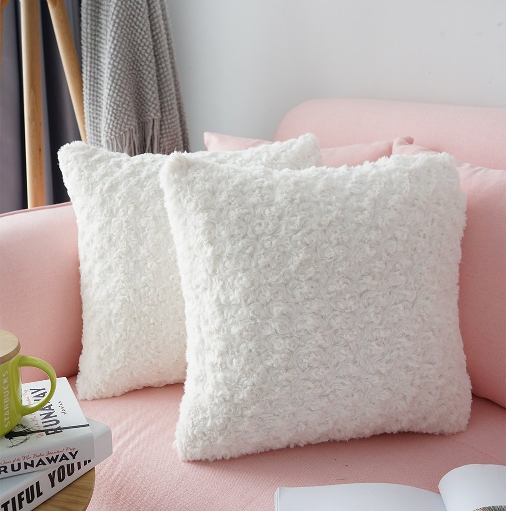Valea Home Faux Fur Throw Pillow Covers for Couch Decorative Plush Swirl Luxury Super Soft Throw Pillow Case Set 18 x 18, Pack of 2, Ivory White