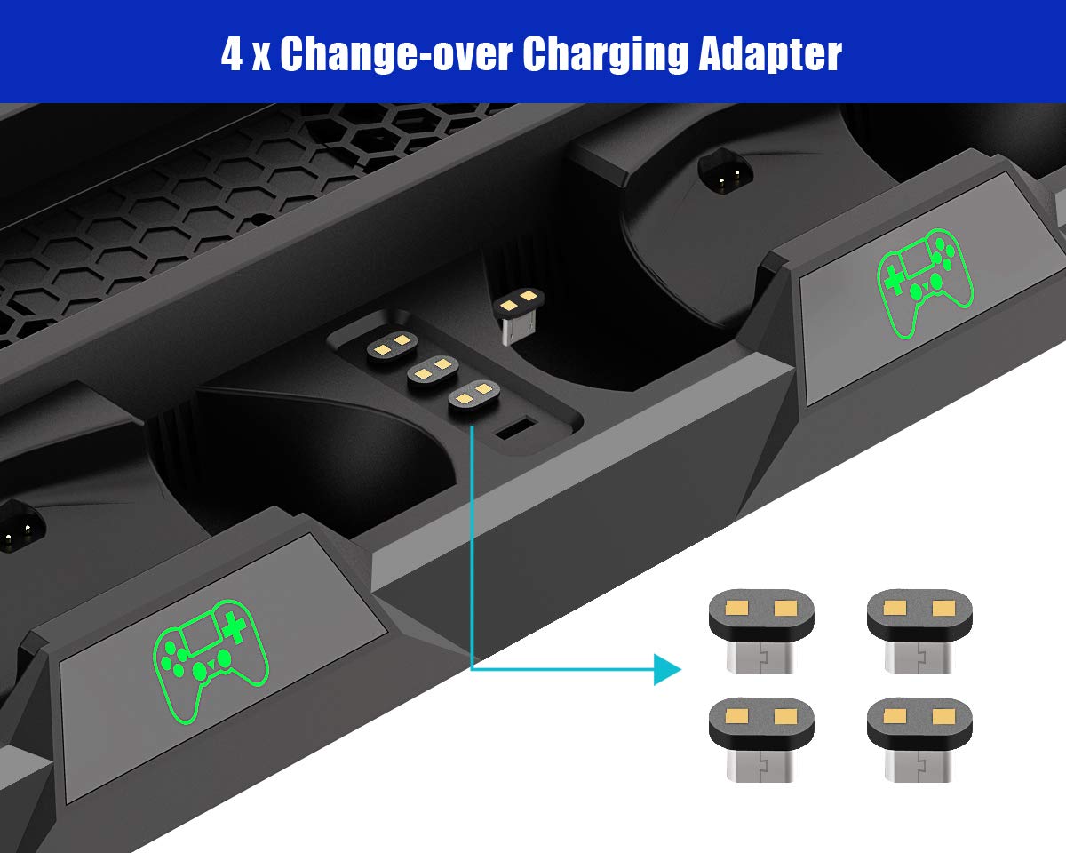 ElecGear Vertical Stand for PS4, Charging Station with Cooling Fan, Charger Dock for DualShock 4 Controller, 16x Games Blu-ray Storage Bracket Accessories Kit for Playstation 4, PS4 Pro, PS4 Slim