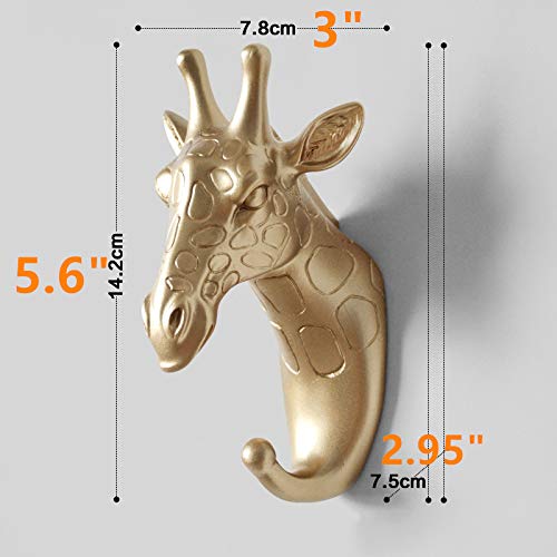 Set of 3 Elephant Head Giraffe Head and Rhino Head Wall Hooks / Hangers Animal Shaped Coat Hat Hooks (Gold)
