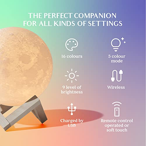 Mydethun 16 Colors Moon Lamp - Home Décor, Party Light with Brightness Control, LED Night Light, Bedroom, Living Room, Meditation, Birthday Gift, with Remote Control and Wooden Base, 4.7"