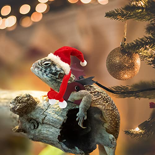 Mogoko Christmas Lizard Leash Bearded Dragon Harness Bat Wing Bowler hat Red Bow Tie Adjustable (S,M,L) Leather Reptile Lizard Leash for Gecko, Iguanas,Lizard Amphibians and Small Pet Animals Brown