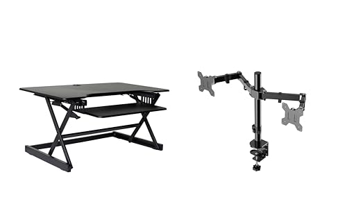 Rocelco 40" Large Height Adjustable Standing Desk Converter with Dual Monitor Mount BUNDLE - Quick Sit Stand Up Computer Workstation Riser - Retractable Keyboard Tray - Black (R DADRB-40-DM2)