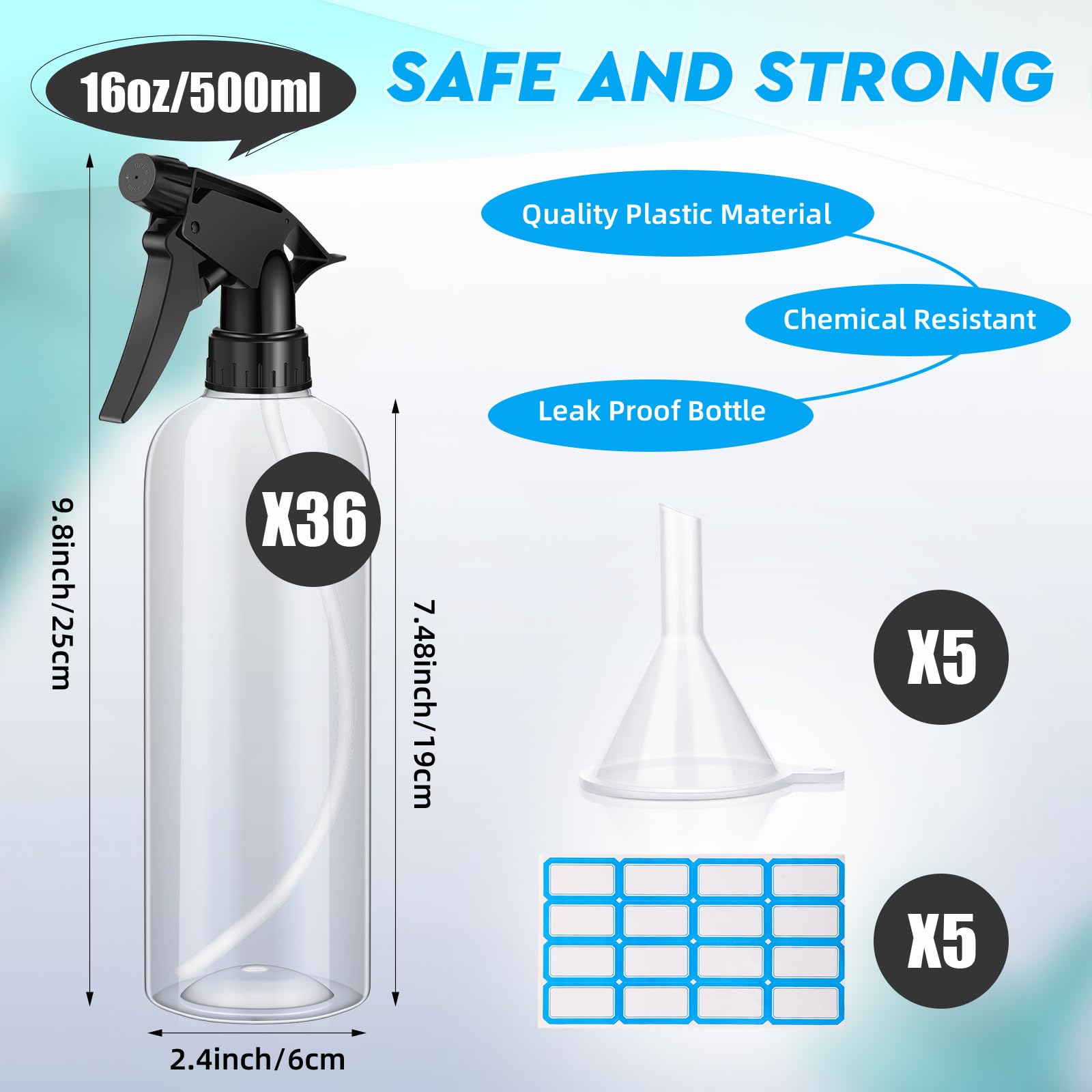 Lallisa 36 Pcs 16 oz Plastic Spray Bottles Leak Proof Empty Bottles for Cleaning Solutions Water Sprayer Bottle with Nozzle Mist, Labels and Handle Funnel for Auto Details, Bathroom, Kitchen, Planting