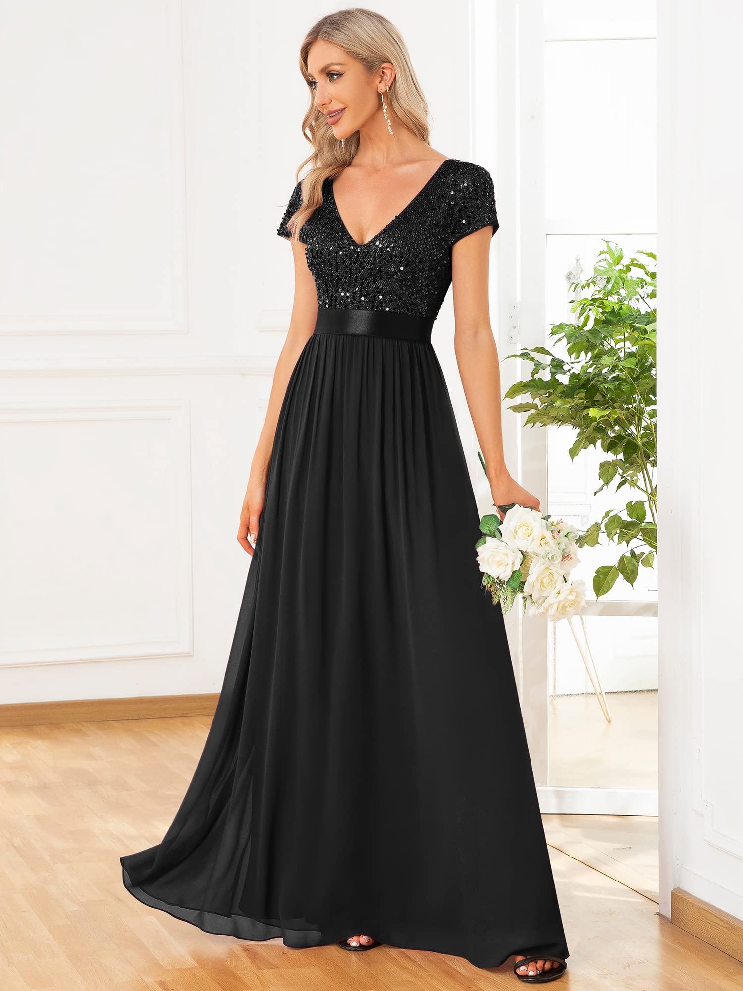 Ever-Pretty Women's Sequin V-Neck line Short Sleeves Empire Waist Maxi Evening Dress Formal Dress Black US12