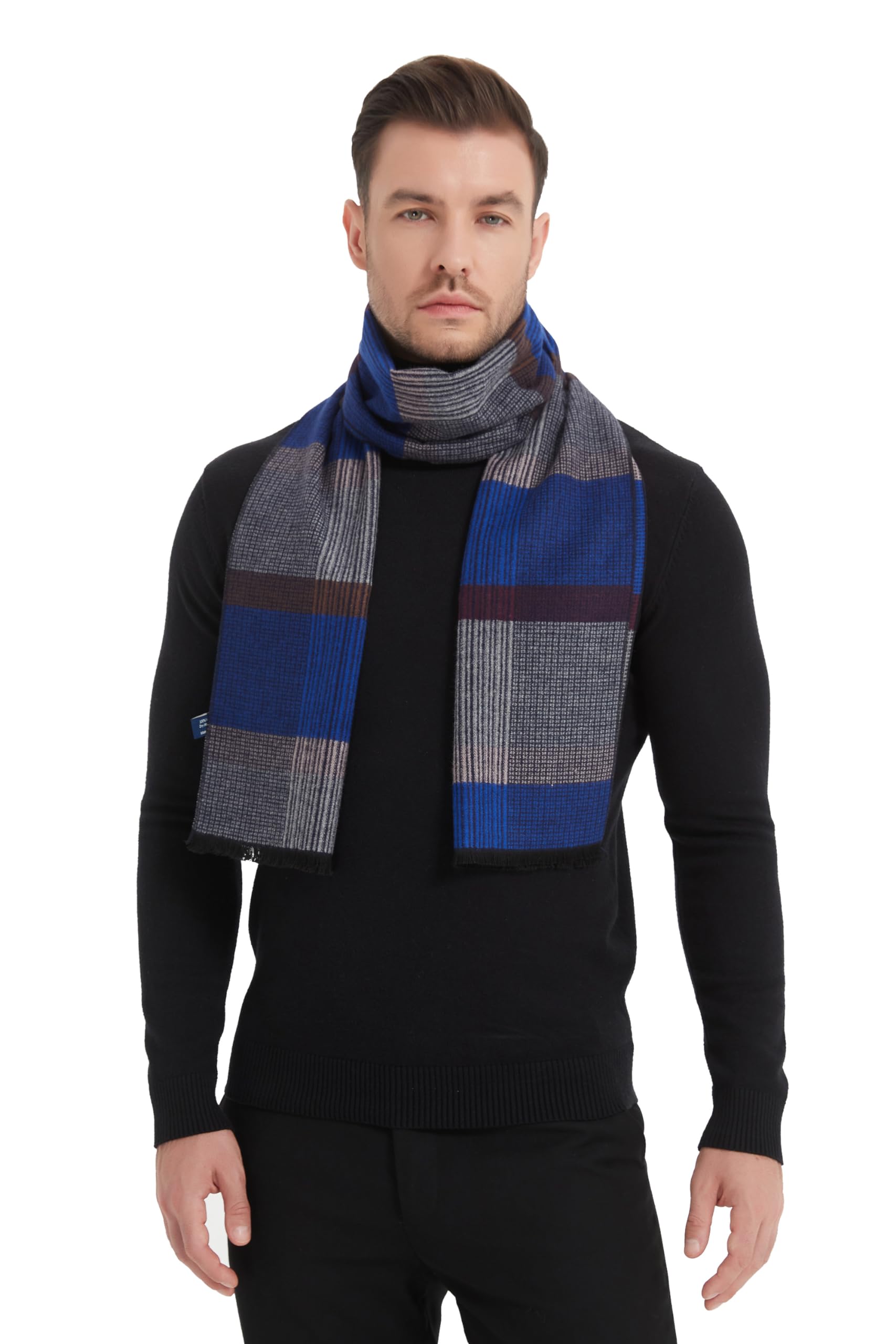 EP Mode Men's Winter Scarf, Cashmere Feel, Super Soft & Warm (Plaid Blue Grey)