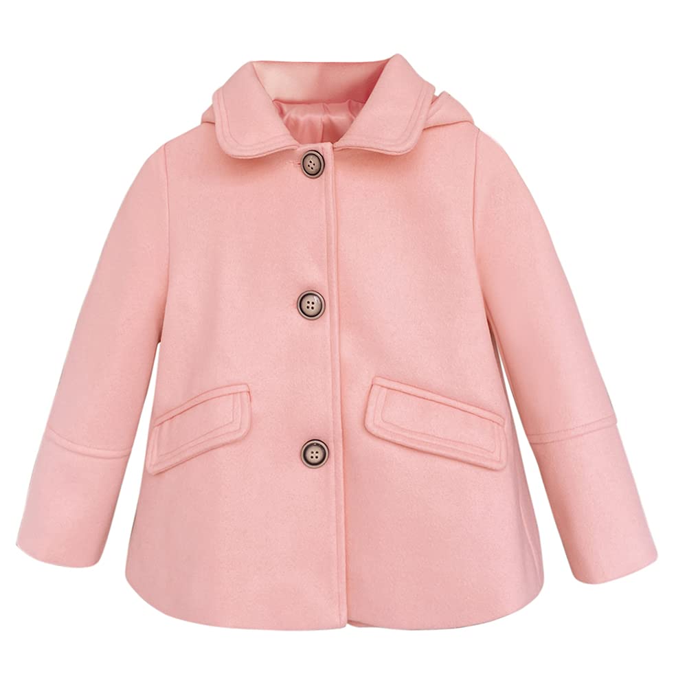 rrhss Baby Girls Button Formal Coat Toddler Kids Hooded Woolen Jacket Fall Winter Outwear Pink Size(3-4 Years)