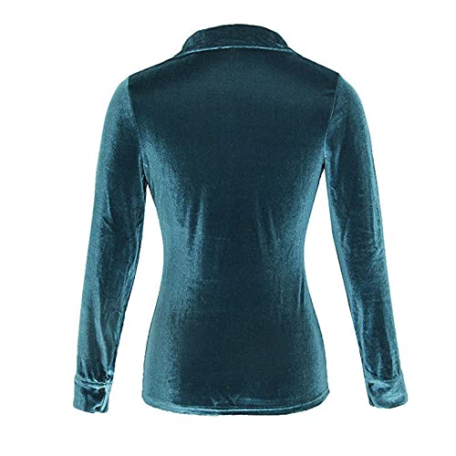 Hopwin Women's Fashion Long Sleeve Velvet Shirt, Tunic Tees Casual Button Down Trench Coat, V Neck Solid Color Comfy Soft Blouse with Pockets