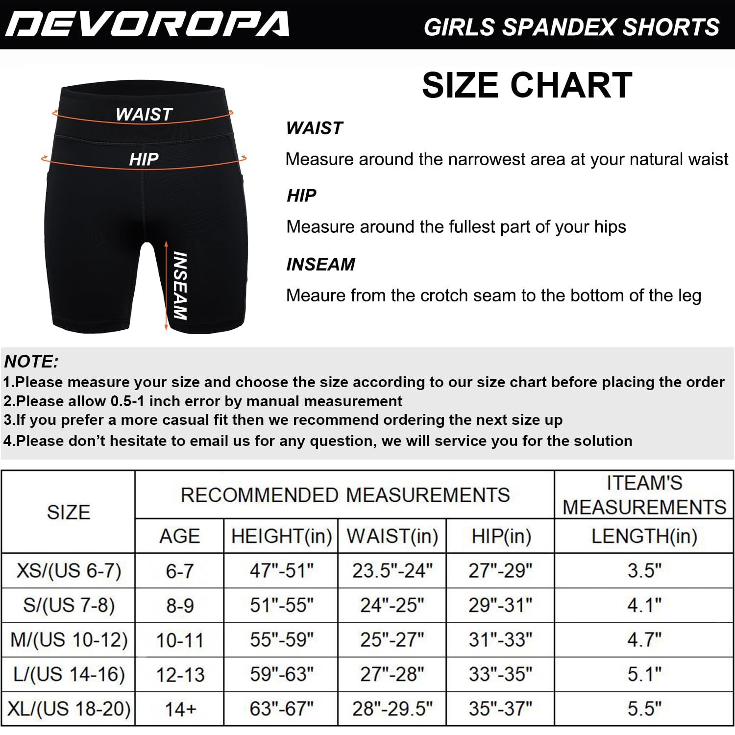 DEVOROPA Girls 5" Spandex Volleyball Shorts Stretch Youth Athletic Gymnastics Shorts Kid Yoga Dance Compression Shorts Pocket Black Medium