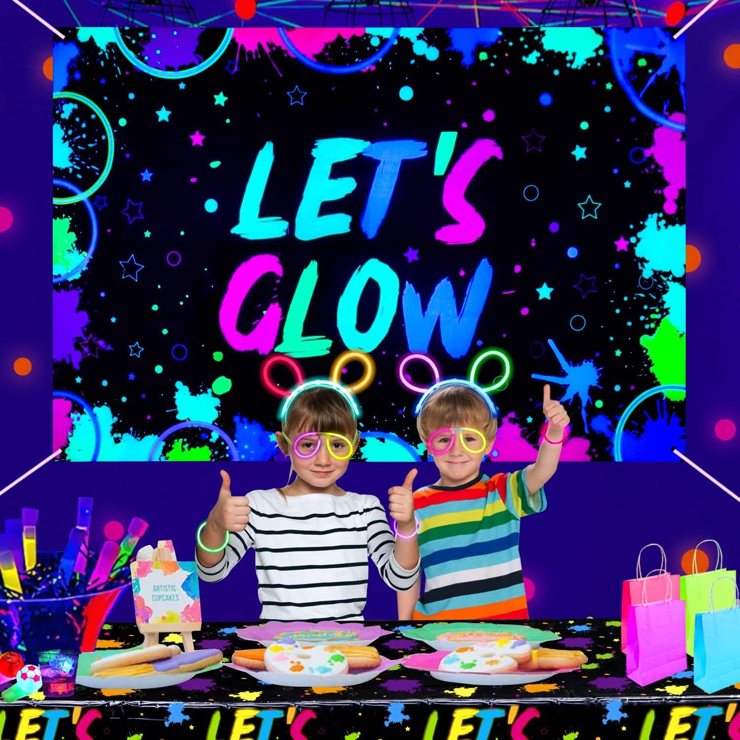 Glow Neon Birthday Backdrop - Glow in The Dark Let’s Glow Banner Backdrop Black Light Themed Party Photography Background Splatter Paint Photo Booth Backdrop, 5.9x3.9ft