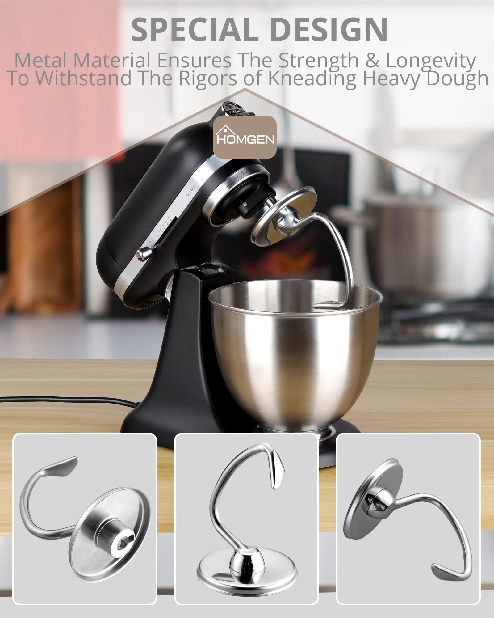 Dough Hook for Kitchenaid Mixer, HOMGEN Original Stainless Steel Spiral Dough Hook Attachment Fit for 4.5-5 QT Bowl Tilt-Head Stand Mixers Rustproof Bread Dough Hook Attachment Support Dishwasher Safe